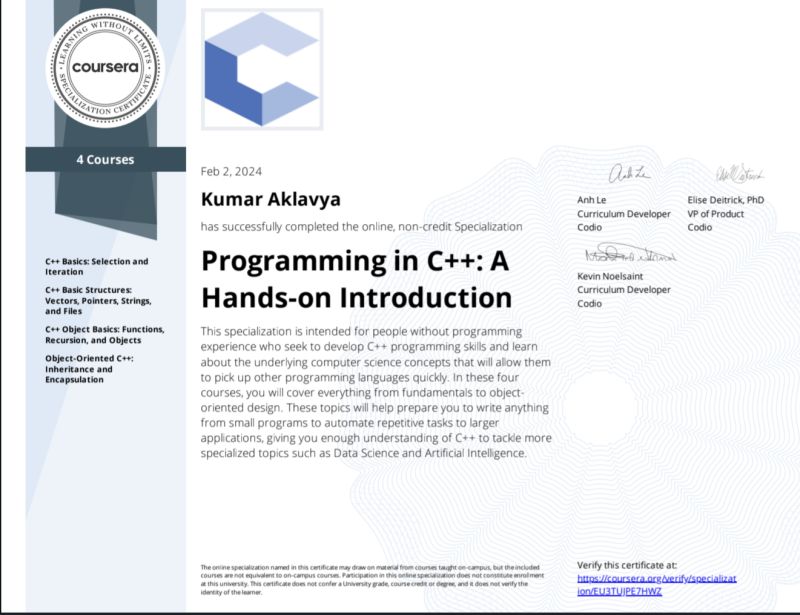 Kumar Aklavya on LinkedIn: Cpp moocs completion certificate Programming ... Kumar Aklavya on LinkedIn: Cpp moocs completion certificate Programming ...