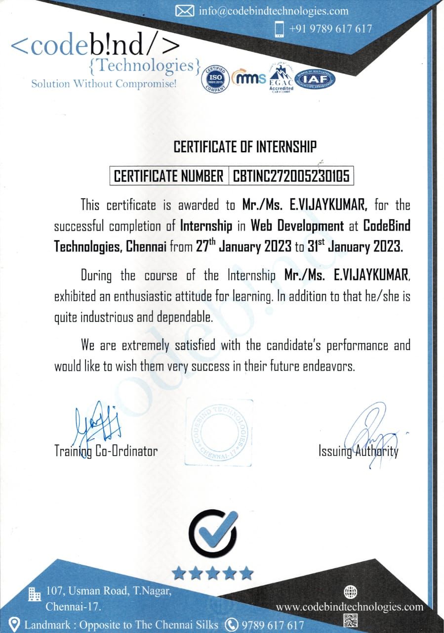 VIJAY KUMAR E on LinkedIn: #webdevelopment #internship #codebind # ... VIJAY KUMAR E on LinkedIn: #webdevelopment #internship #codebind # ...