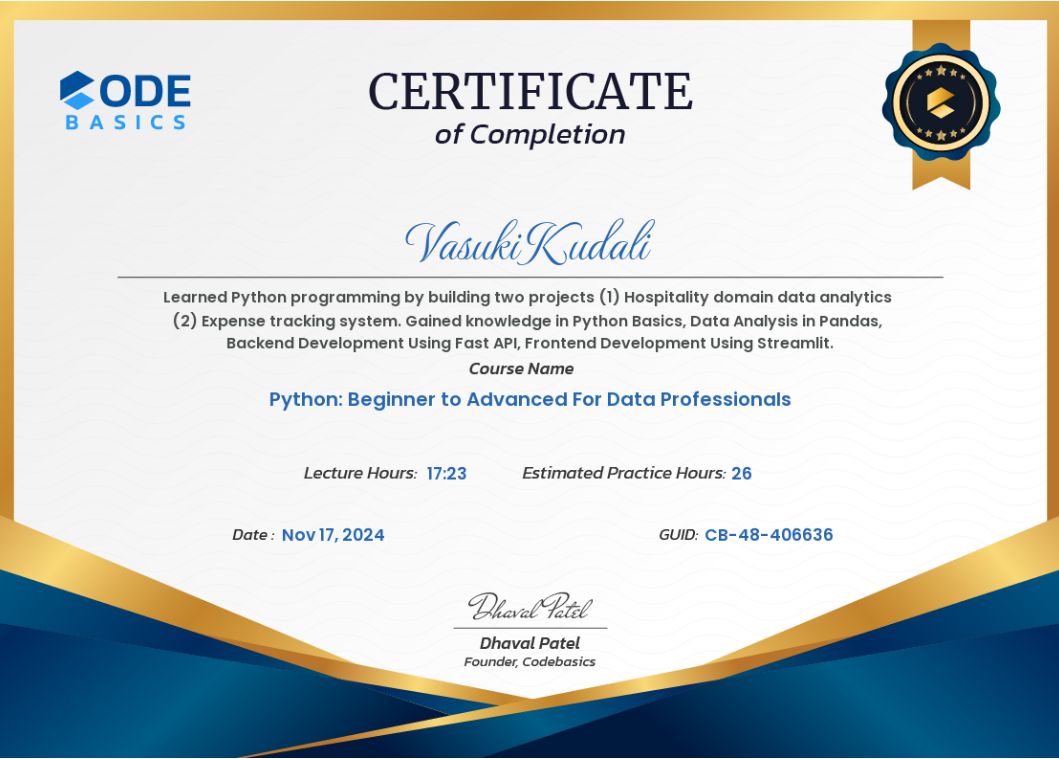 Vasuki Kudali on LinkedIn: #pythoncertification #codebasics # ... Vasuki Kudali on LinkedIn: #pythoncertification #codebasics # ...