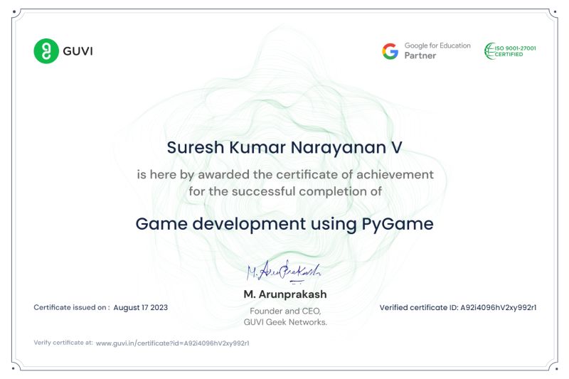 Suresh Kumar Narayanan V on LinkedIn: #pygame #gamedevelopment #guvi # ... Suresh Kumar Narayanan V on LinkedIn: #pygame #gamedevelopment #guvi # ...