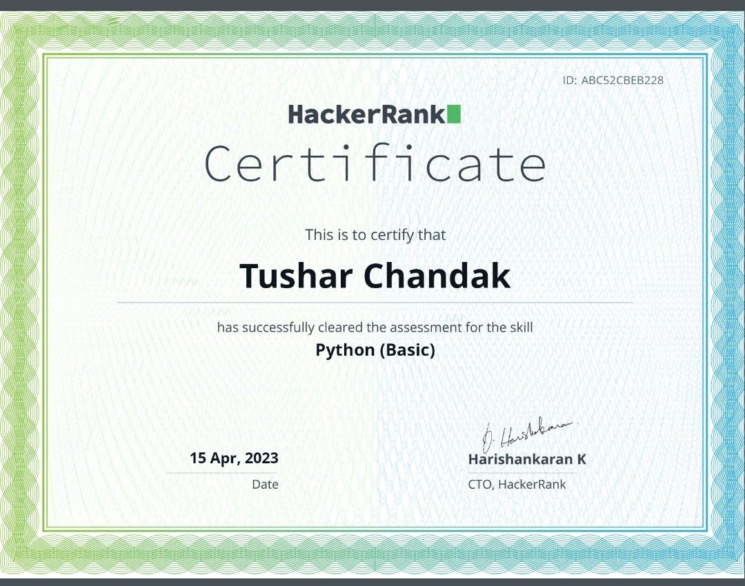 Tushar Chandak on LinkedIn: Achieved HackerRank Python (Basic ... Tushar Chandak on LinkedIn: Achieved HackerRank Python (Basic ...