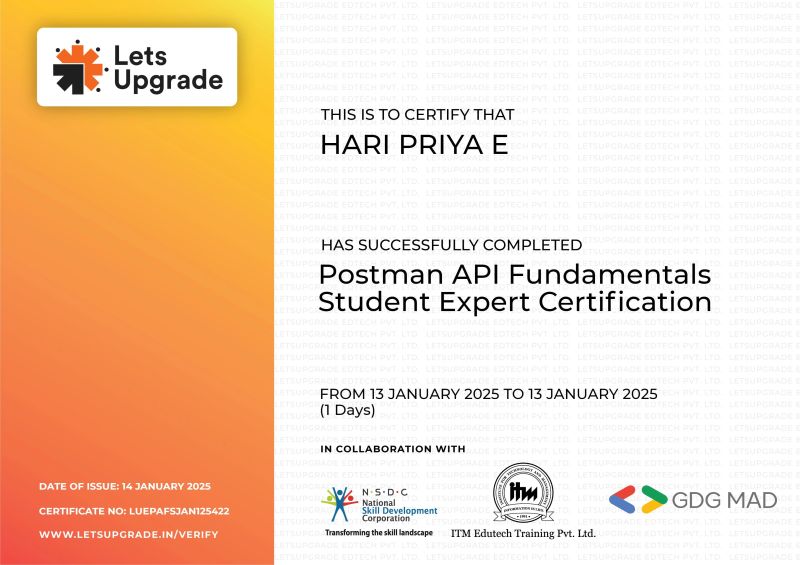 #api #postman #certification #webdevelopment #letsupgrade… | HARI PRIYA E #api #postman #certification #webdevelopment #letsupgrade… | HARI PRIYA E