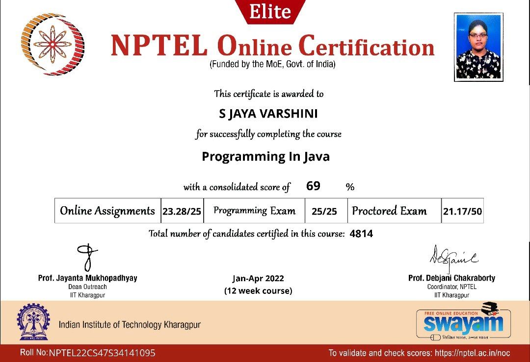 JAYAVARSHINI SAKTHIVEL on LinkedIn: #nptel #iitkharagpur JAYAVARSHINI SAKTHIVEL on LinkedIn: #nptel #iitkharagpur
