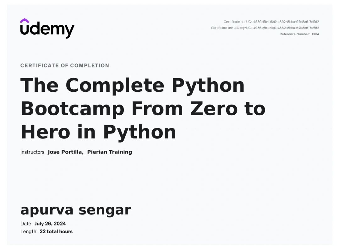 Completed Python course on Udemy | Apoorva Sengar posted on the topic ... Completed Python course on Udemy | Apoorva Sengar posted on the topic ...