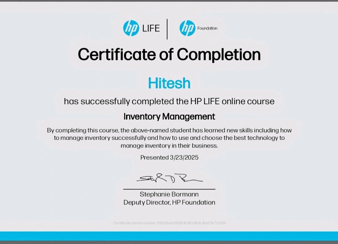 successfully completed the *HP LIFE* course on Inventory Management ... successfully completed the *HP LIFE* course on Inventory Management ...