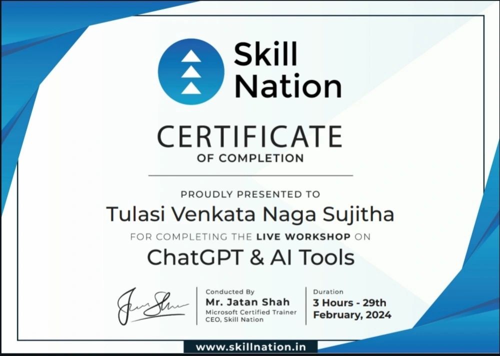 Attended a workshop on ChatGPT and AI tools by Skill Nation | Sujitha ... Attended a workshop on ChatGPT and AI tools by Skill Nation | Sujitha ...