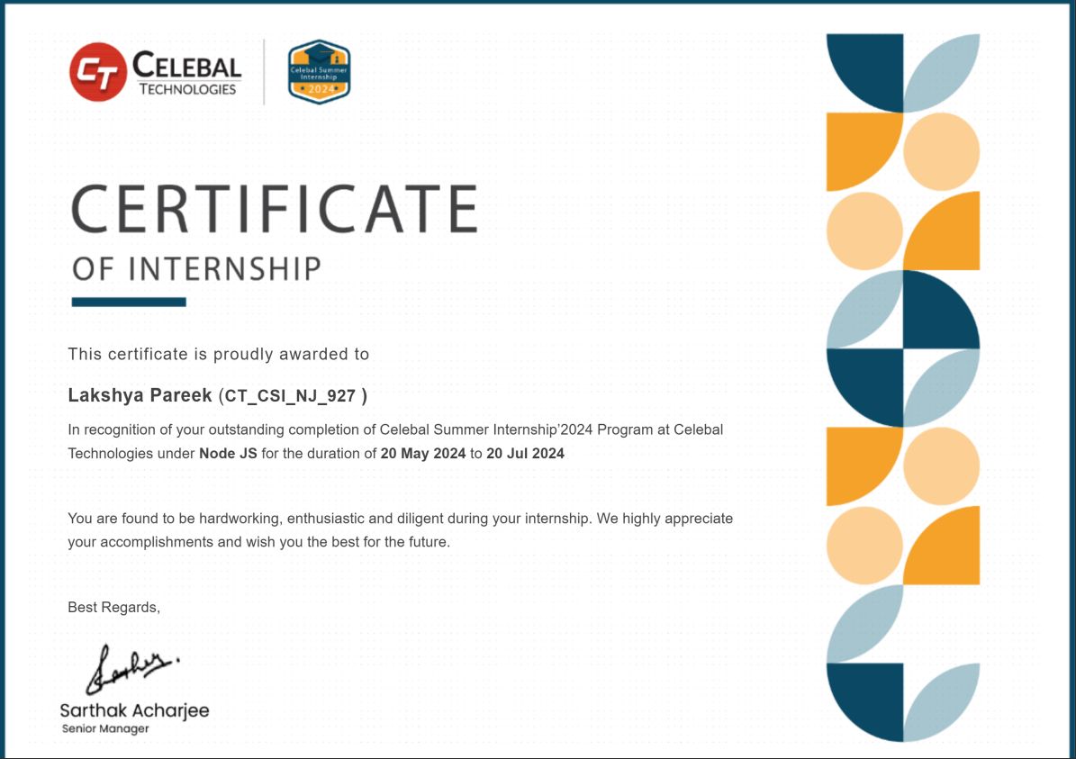Lakshya Pareek on LinkedIn: #internship #nodejs #celebaltechnologies # ... Lakshya Pareek on LinkedIn: #internship #nodejs #celebaltechnologies # ...