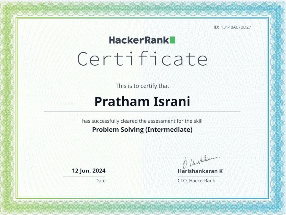 Passed HackerRank with problem-solving skills | Pratham Israni posted ... Passed HackerRank with problem-solving skills | Pratham Israni posted ...