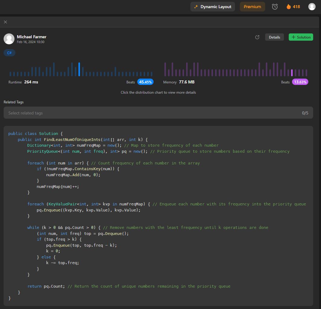 LeetCode: FindLeastNumOfUniqueInts | Michael Farmer posted on the topic ... LeetCode: FindLeastNumOfUniqueInts | Michael Farmer posted on the topic ...