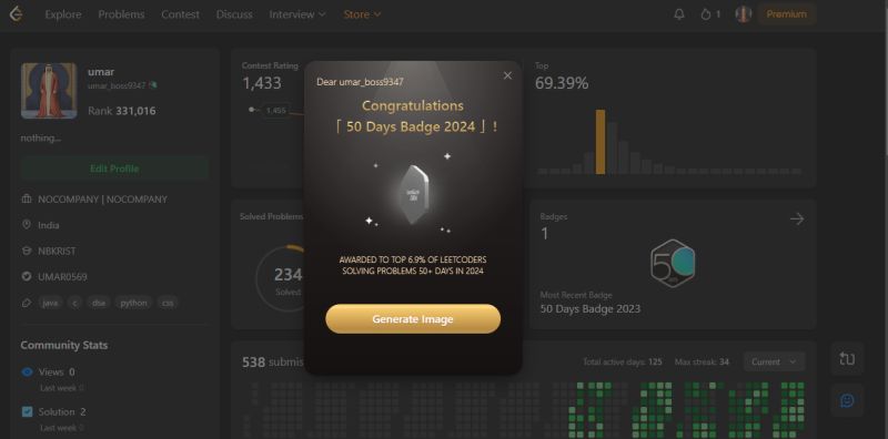 Just unlocked 2k24 50 days badge happy coding :) | Umar Mahammad Just unlocked 2k24 50 days badge happy coding :) | Umar Mahammad