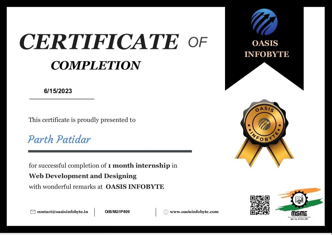 Parth Patidar on LinkedIn: #oasisinfobyte #internship #webtechnology # ... Parth Patidar on LinkedIn: #oasisinfobyte #internship #webtechnology # ...