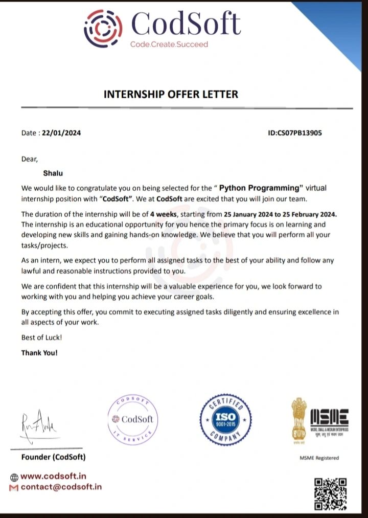 Shalu Rathour on LinkedIn: #connections #codsoft #oppurtunities # ... Shalu Rathour on LinkedIn: #connections #codsoft #oppurtunities # ...