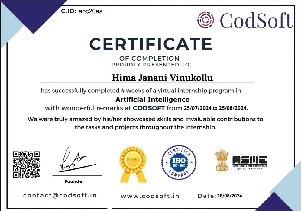 Hima Janani Vinukollu on LinkedIn: CodSoft Hima Janani Vinukollu on LinkedIn: CodSoft