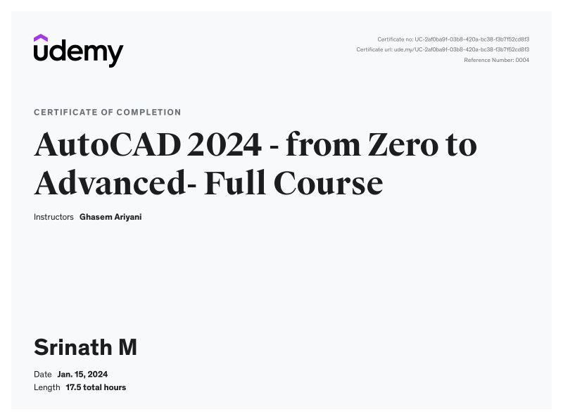 Srinath M on LinkedIn: #autocad #udemy #certificatecompletion Srinath M on LinkedIn: #autocad #udemy #certificatecompletion