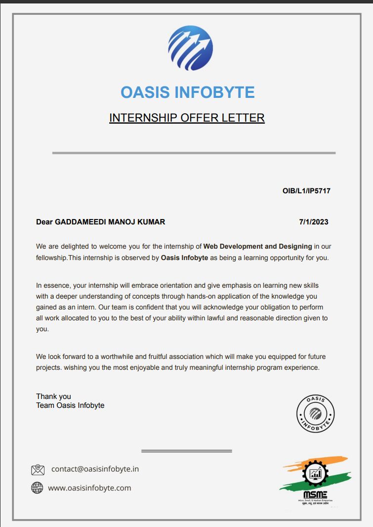 Manoj kumar Gaddameedi on LinkedIn: #oasisinfobyte #internship # ... Manoj kumar Gaddameedi on LinkedIn: #oasisinfobyte #internship # ...