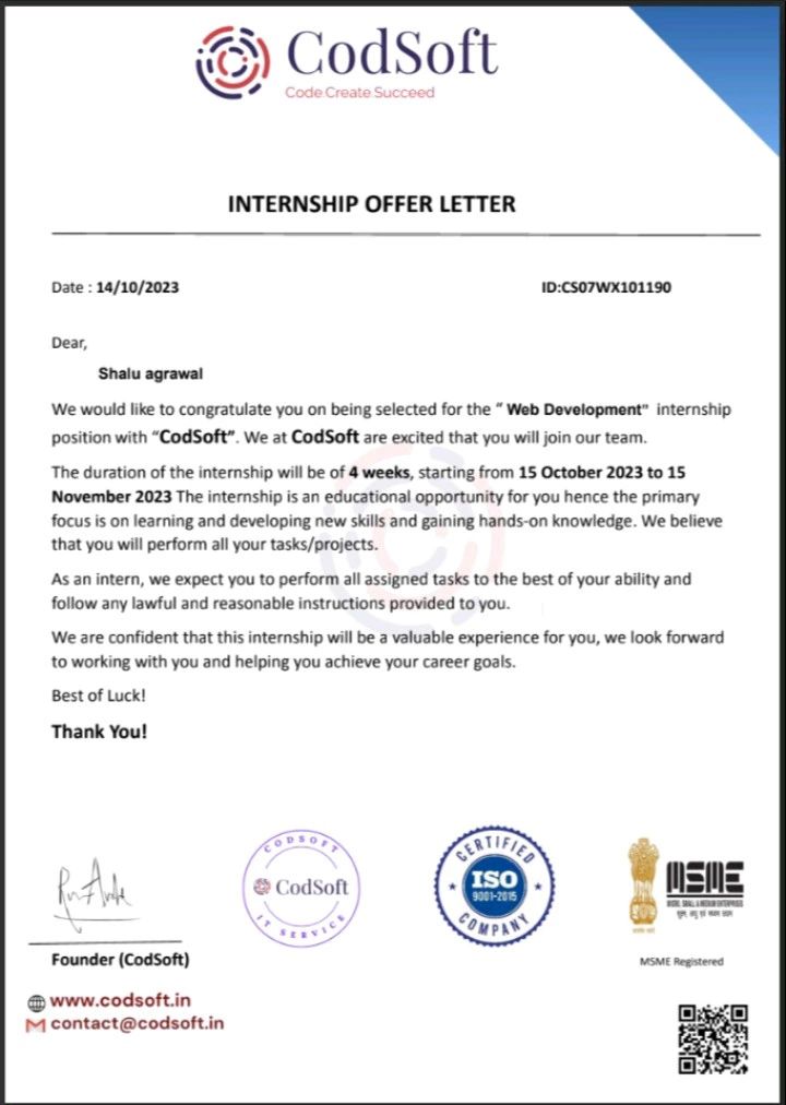 Shalu Agrawal on LinkedIn: #codsoft #codsoft #codsoft #intern # ... Shalu Agrawal on LinkedIn: #codsoft #codsoft #codsoft #intern # ...