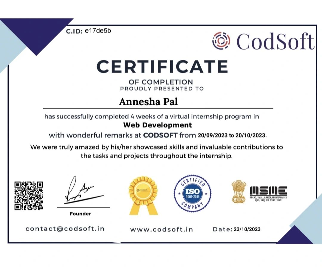 Annesha Pal on LinkedIn: #connections #codsoft #internship #webdevelopment Annesha Pal on LinkedIn: #connections #codsoft #internship #webdevelopment