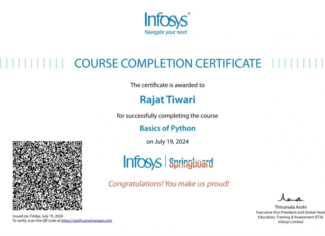 Completed Python programming course from Infosys | Rajat Tiwari posted ... Completed Python programming course from Infosys | Rajat Tiwari posted ...