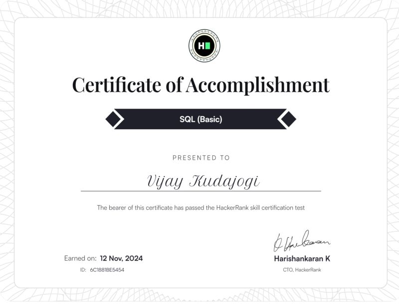 Vijay Kudajogi on LinkedIn: #sqlbasiccertification #hackerrank #sql # ... Vijay Kudajogi on LinkedIn: #sqlbasiccertification #hackerrank #sql # ...