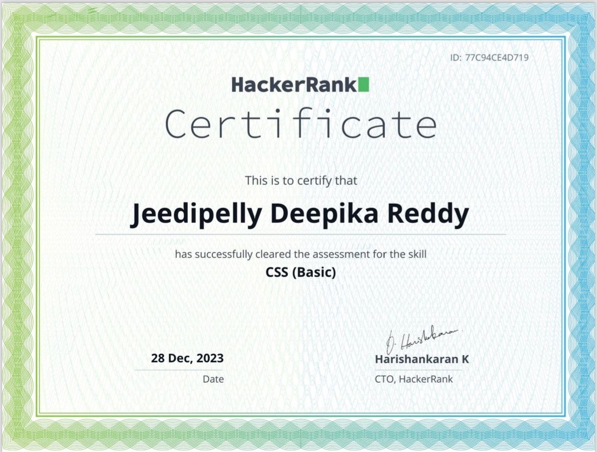 Certificate from HackerRank | Deepika Reddy Certificate from HackerRank | Deepika Reddy