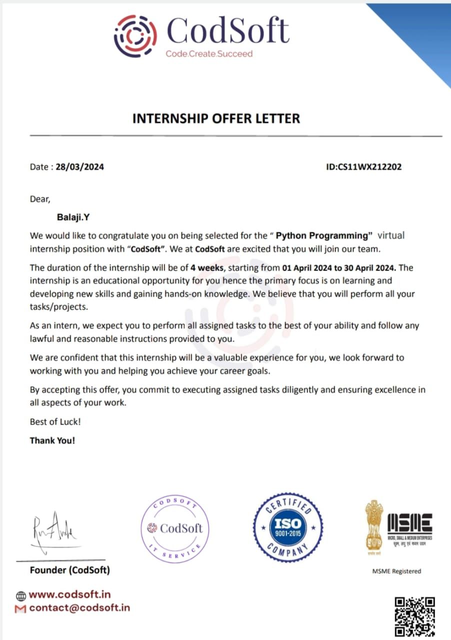 Y. Balaji on LinkedIn: #pythonprogramming #codsoft #codsoftinternship Y. Balaji on LinkedIn: #pythonprogramming #codsoft #codsoftinternship