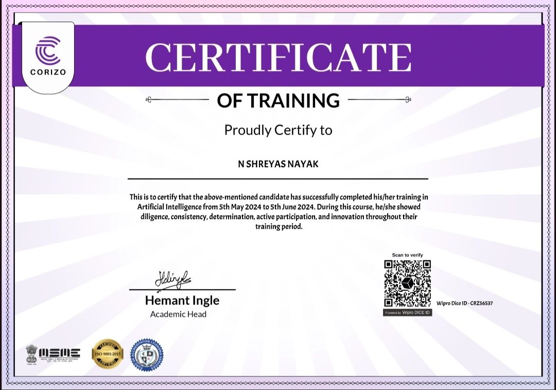 Completed Artificial Intelligence course at Corizo | N Shreyas Nayak ... Completed Artificial Intelligence course at Corizo | N Shreyas Nayak ...