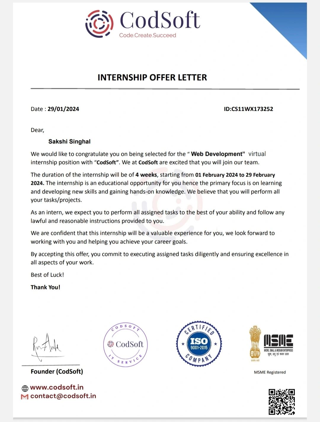 Sakshi Singhal on LinkedIn: #codsoft #internship #opportunity Sakshi Singhal on LinkedIn: #codsoft #internship #opportunity