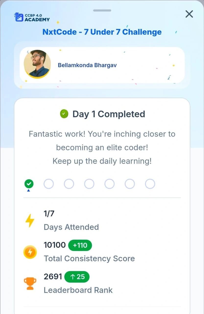 BELLAMKONDA BHARGAV on LinkedIn: #codingchallenge #7under7 #nxtwave # ... BELLAMKONDA BHARGAV on LinkedIn: #codingchallenge #7under7 #nxtwave # ...