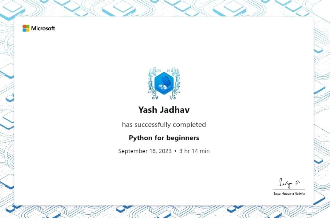 I earned Microsoft Certified Python for Beginners! | Yash Jadhav posted ... I earned Microsoft Certified Python for Beginners! | Yash Jadhav posted ...