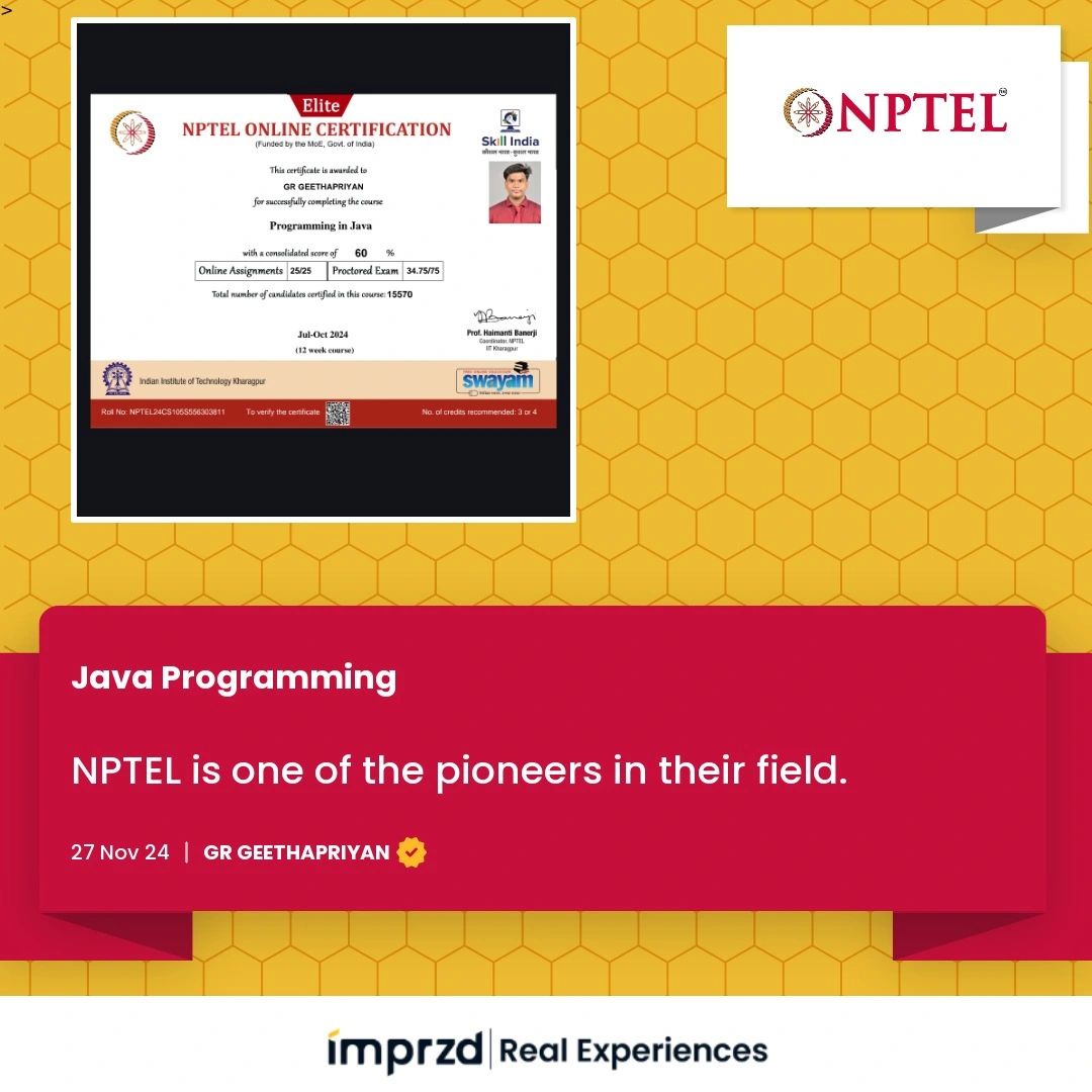 GEETHAPRIYAN G.R. on LinkedIn: #nptel #javaprogramming # ... GEETHAPRIYAN G.R. on LinkedIn: #nptel #javaprogramming # ...
