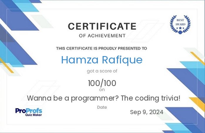 HAMZA RAFIQ on LinkedIn: #programming #certificate #proprofs HAMZA RAFIQ on LinkedIn: #programming #certificate #proprofs