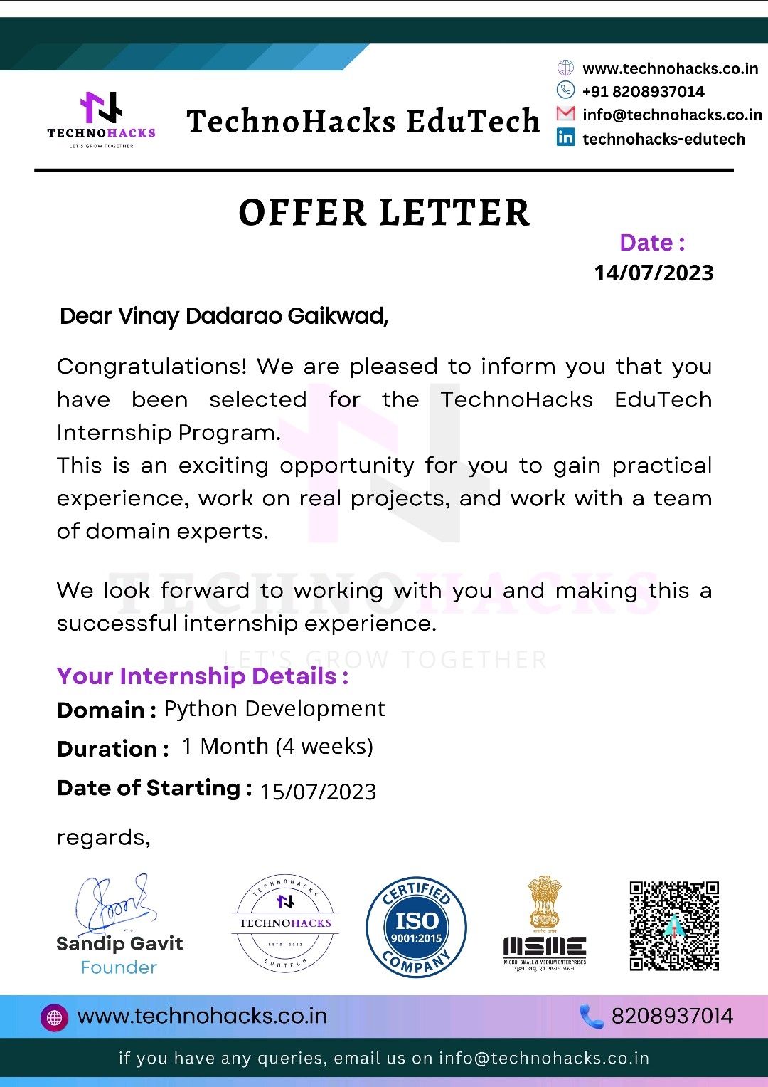 Vinay Gaikwad on LinkedIn: #offerletter #internship #python Vinay Gaikwad on LinkedIn: #offerletter #internship #python