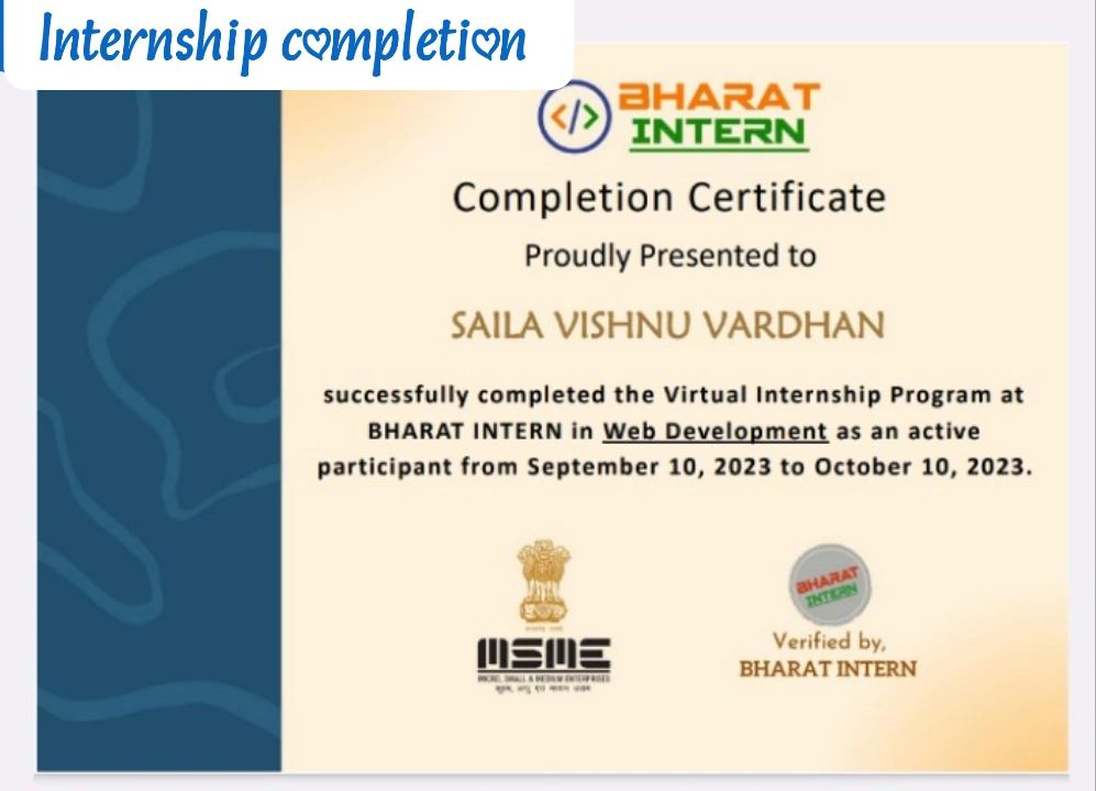 Completed web development internship at Bharat Internship | Vishnu ... Completed web development internship at Bharat Internship | Vishnu ...