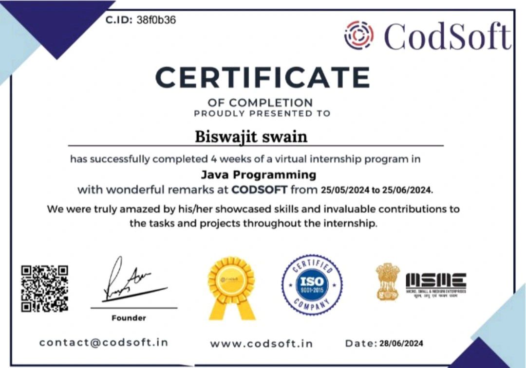 Biswajit Swain on LinkedIn: #javaprogramming #codsoft #internship Biswajit Swain on LinkedIn: #javaprogramming #codsoft #internship