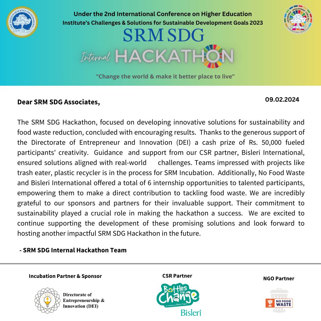 SRM SDG Hackathon - Incubation partner SRM Innovation and Incubation ... SRM SDG Hackathon - Incubation partner SRM Innovation and Incubation ...