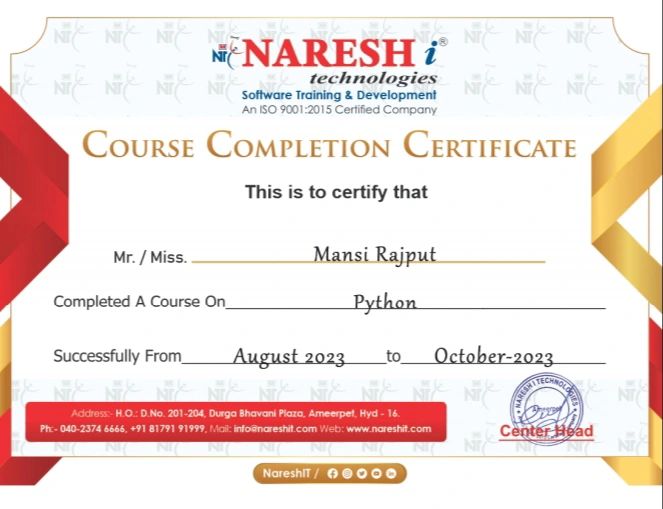 Mansi Rajput on LinkedIn: I have received this certificate from Naresh ... Mansi Rajput on LinkedIn: I have received this certificate from Naresh ...