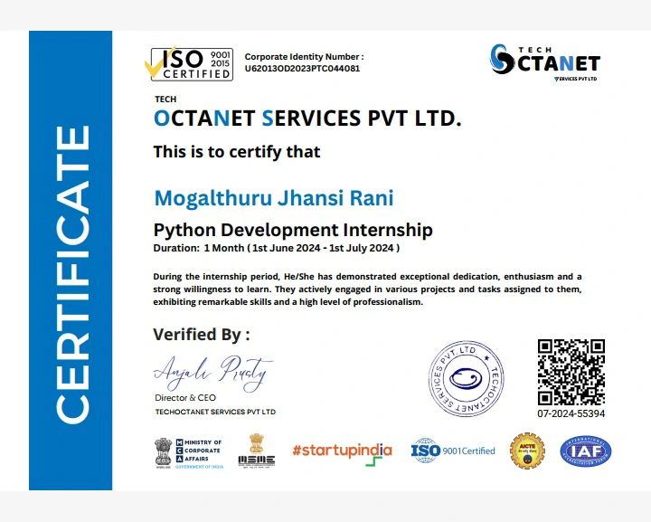 Hello connections, I got certification in Python from Octanet | Jhansi Rani Hello connections, I got certification in Python from Octanet | Jhansi Rani