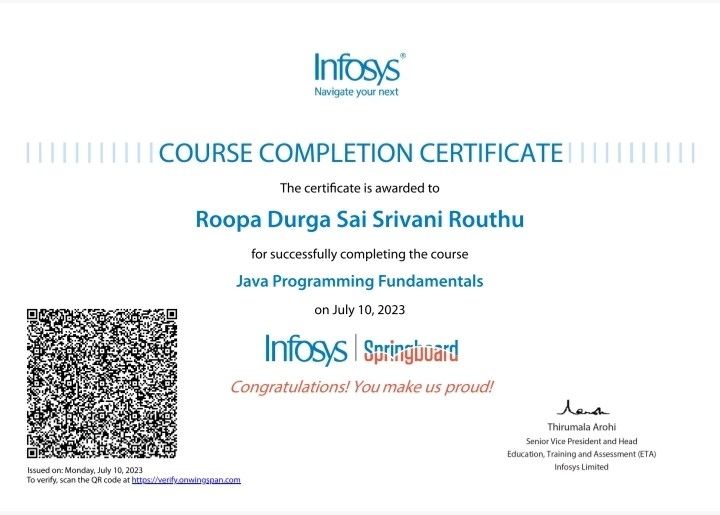 Routhu Roopa Durga Sai Srivani on LinkedIn: #infosysspringboard #java Routhu Roopa Durga Sai Srivani on LinkedIn: #infosysspringboard #java