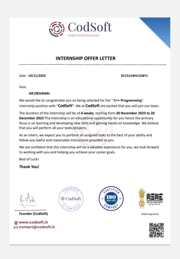 DEIVANAI AR on LinkedIn: Codsoft internship offer letter for C++ ... DEIVANAI AR on LinkedIn: Codsoft internship offer letter for C++ ...