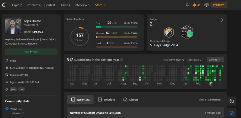 #leetcode #codingjourney #milestone #achievementunlocked… | Tejas Umate #leetcode #codingjourney #milestone #achievementunlocked… | Tejas Umate