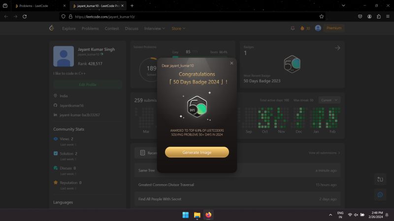 Earned LeetCode 50 Days Badge for 2024 | Jayant Kumar posted on the ... Earned LeetCode 50 Days Badge for 2024 | Jayant Kumar posted on the ...