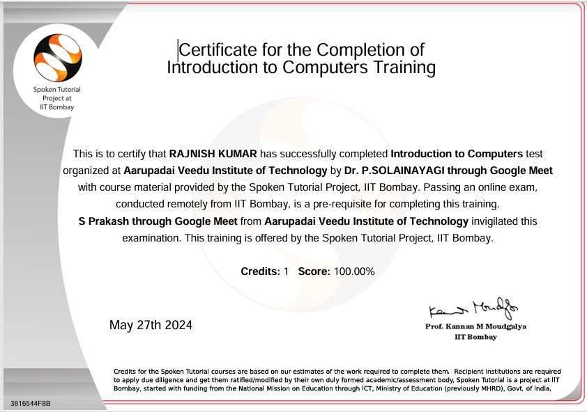 #iitbombay #spokentutorial #certificate | Rajnish kumar #iitbombay #spokentutorial #certificate | Rajnish kumar