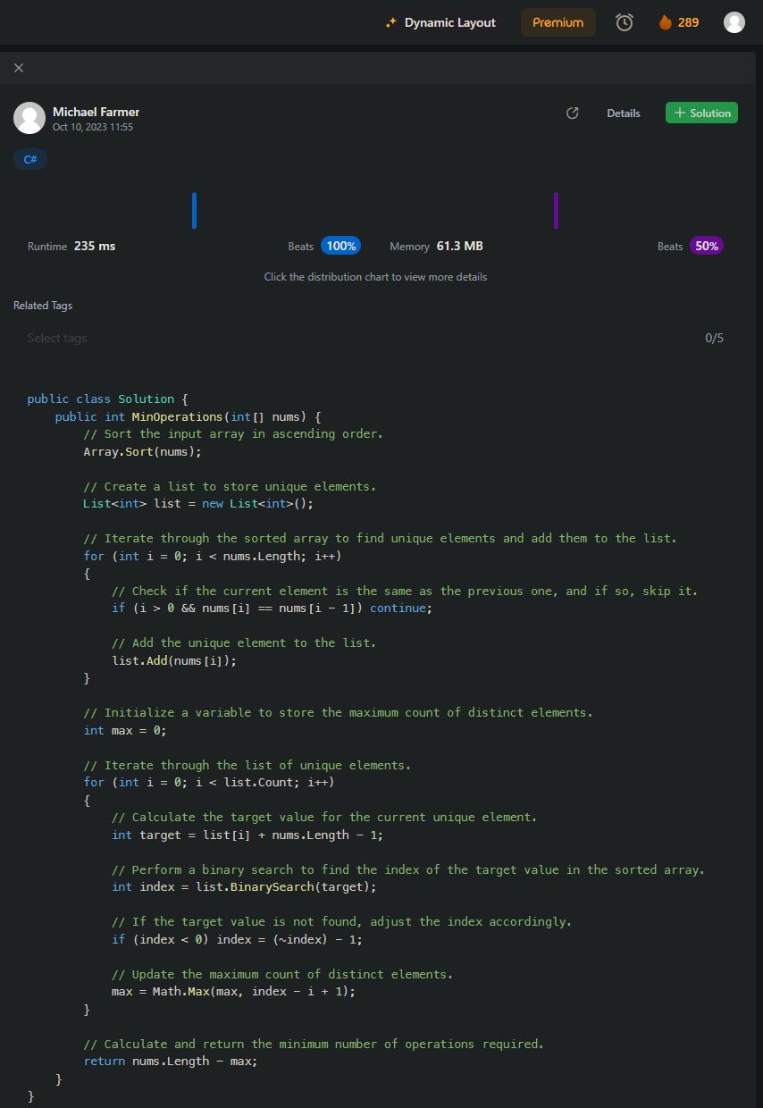 LeetCode: MinOperations for Array Continuous (Hard) | Michael Farmer ... LeetCode: MinOperations for Array Continuous (Hard) | Michael Farmer ...