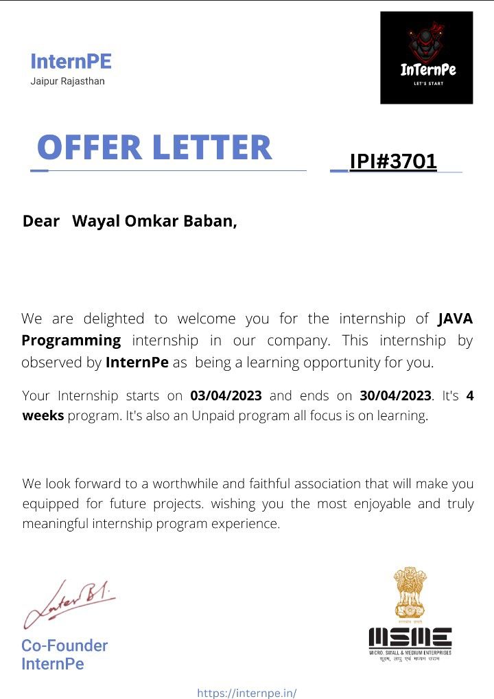 Omkar Wayal on LinkedIn: #javaprogramming #internship Omkar Wayal on LinkedIn: #javaprogramming #internship