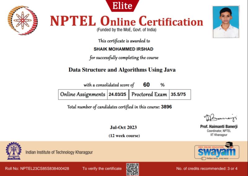 SHAIK MOHAMMED IRSHAD on LinkedIn: Completed DSA using Java in NPTEL SHAIK MOHAMMED IRSHAD on LinkedIn: Completed DSA using Java in NPTEL