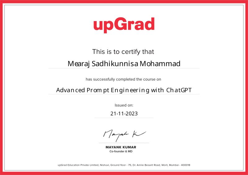 Mearaj Sadhikunnisa Mohammad on LinkedIn: #upgrad #promptengineering Mearaj Sadhikunnisa Mohammad on LinkedIn: #upgrad #promptengineering