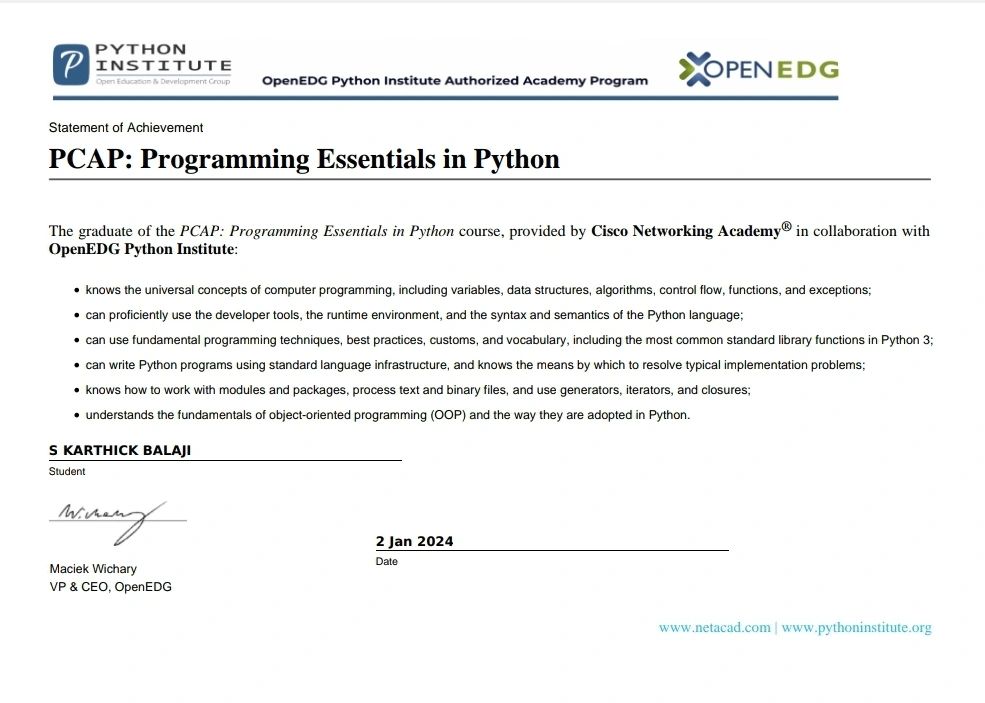 Karthick Balaji on LinkedIn: #cisco #python #certificationcomplete # ... Karthick Balaji on LinkedIn: #cisco #python #certificationcomplete # ...