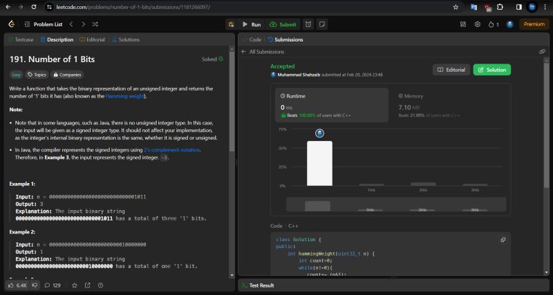Muhammad Shahzaib on LinkedIn: Day 6/14: Solved Number of 1 Bits ... Muhammad Shahzaib on LinkedIn: Day 6/14: Solved Number of 1 Bits ...