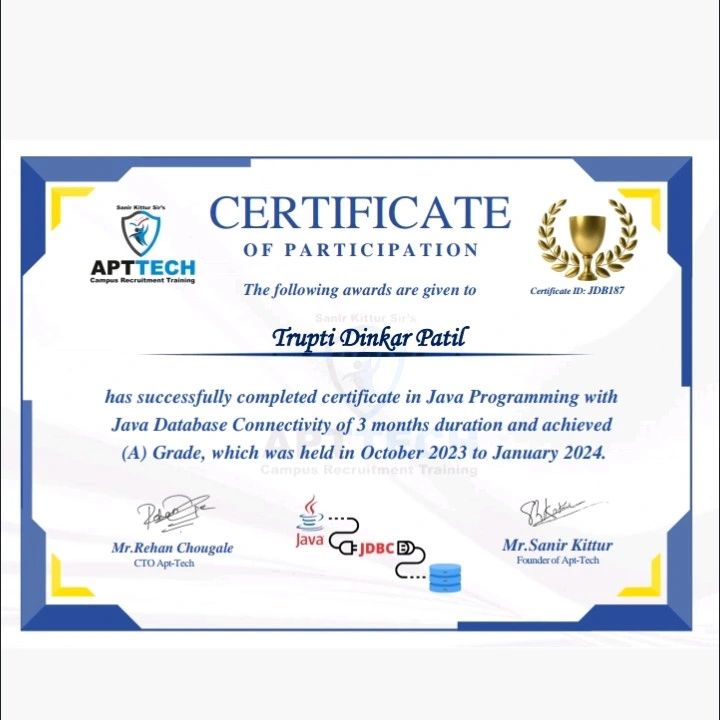 Successfully completed Java programming course with JDBC | Trupti Patil ... Successfully completed Java programming course with JDBC | Trupti Patil ...