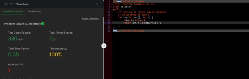 06/01/24 Round I: solved recursion problem on gfg i.e. SUM OF ARRAY ... 06/01/24 Round I: solved recursion problem on gfg i.e. SUM OF ARRAY ...